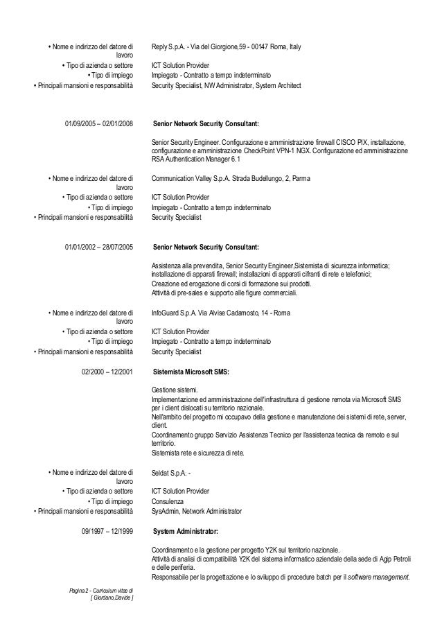 Davide Giordano Security Engineer - Italian Curriculum Vitae