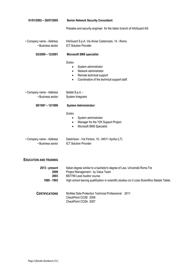 Davide Giordano Security Engineer - English Curriculum Vitae | PDF