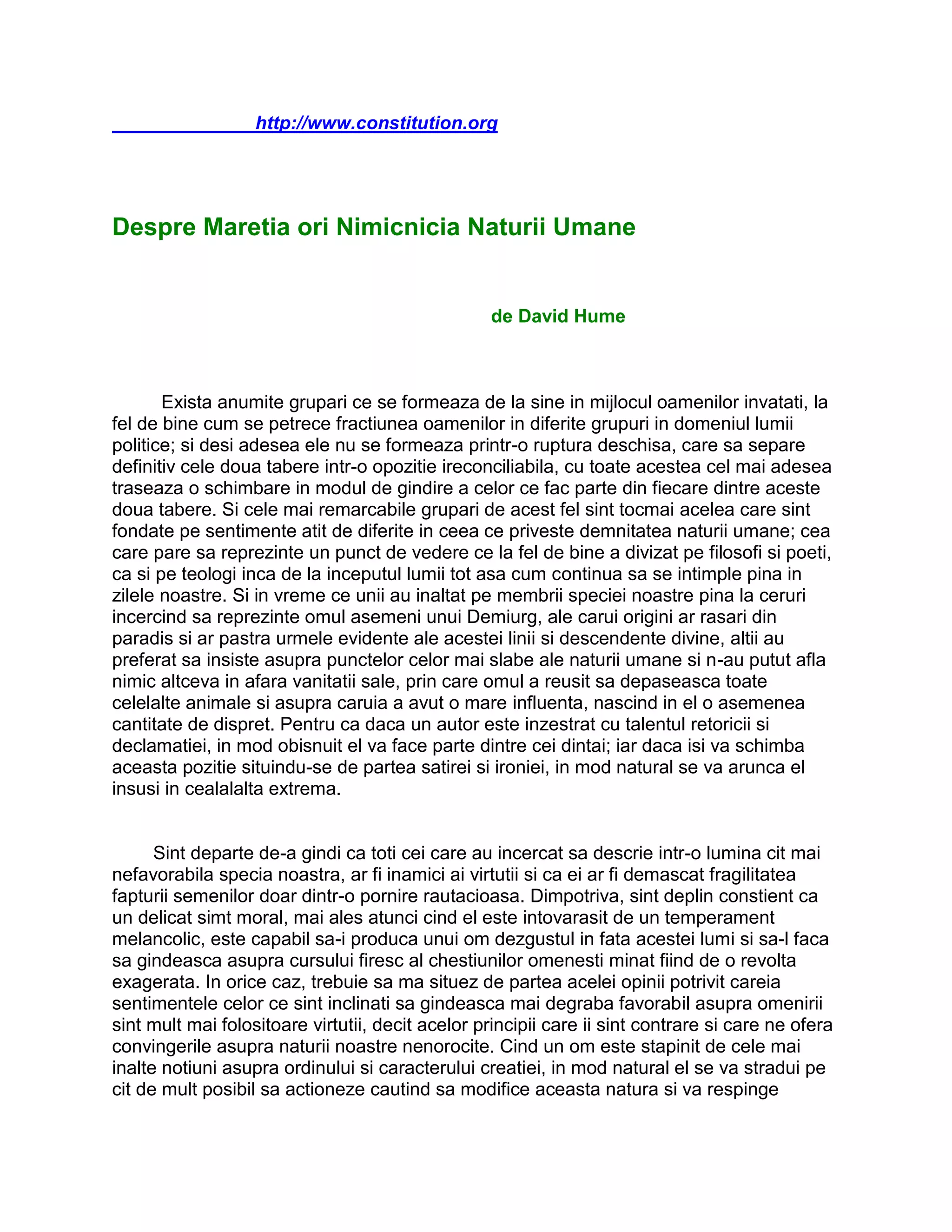 David hume despre maretia sau nimicnicia naturii umane | PDF