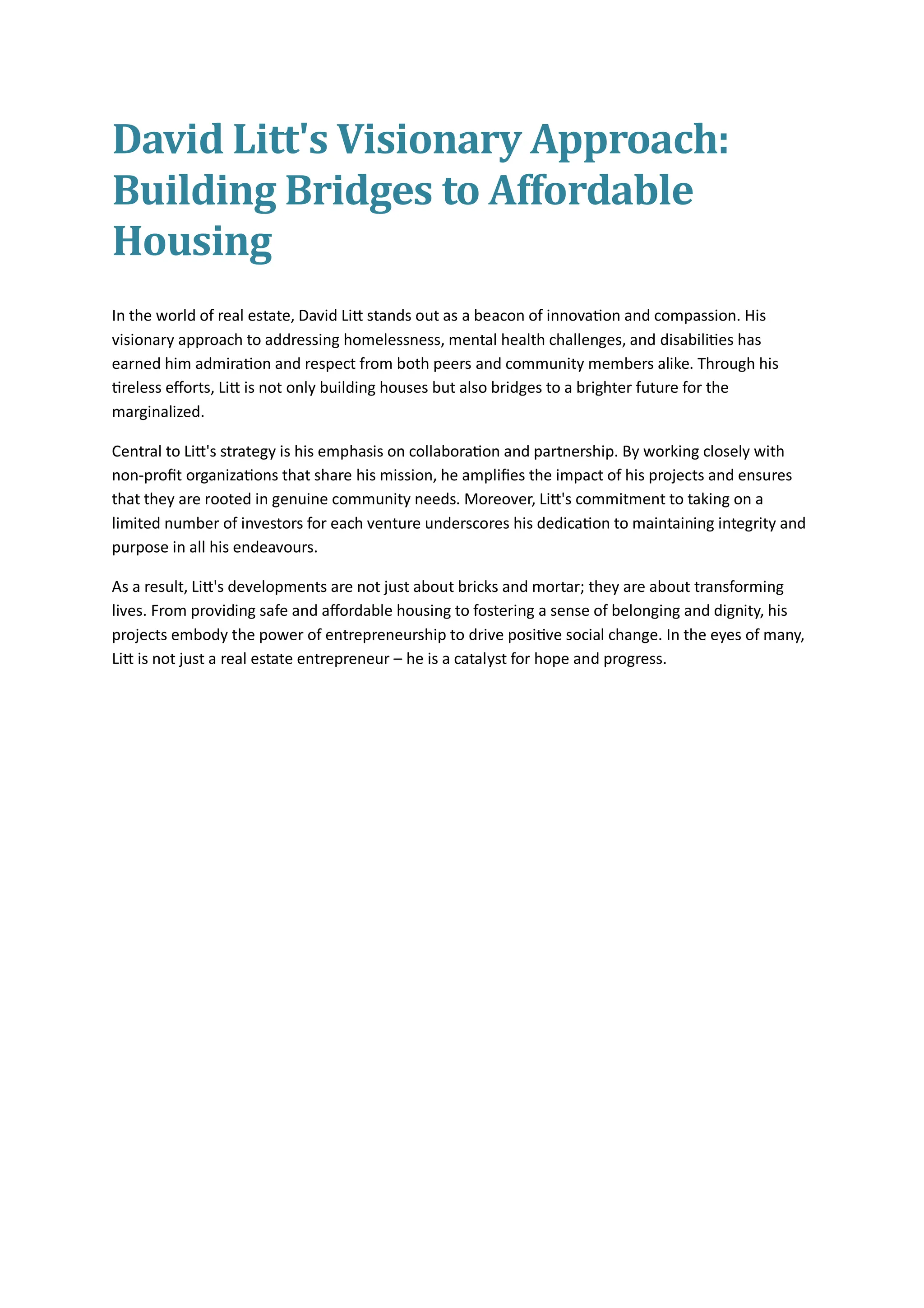David Litt Using Visionary Leadership to Pioneer Affordable Housing ...