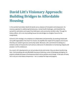 David Litt Using Visionary Leadership to Pioneer Affordable Housing ...