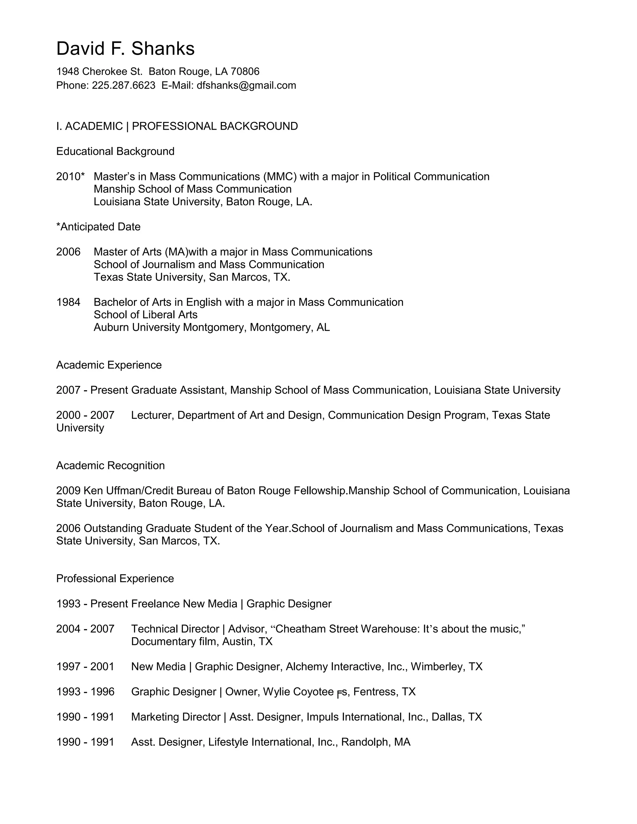 David Shanks CV 2010 | DOCX