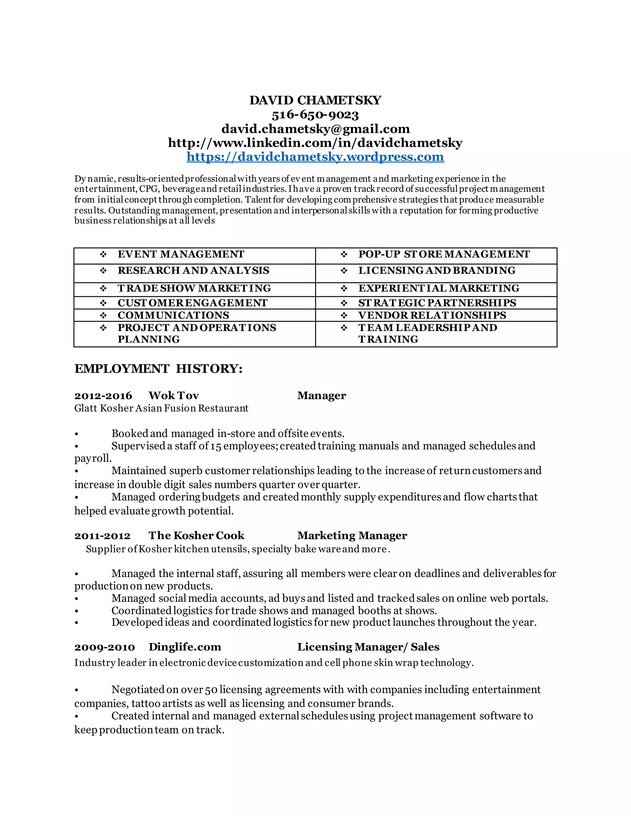 David resume | DOCX | Events