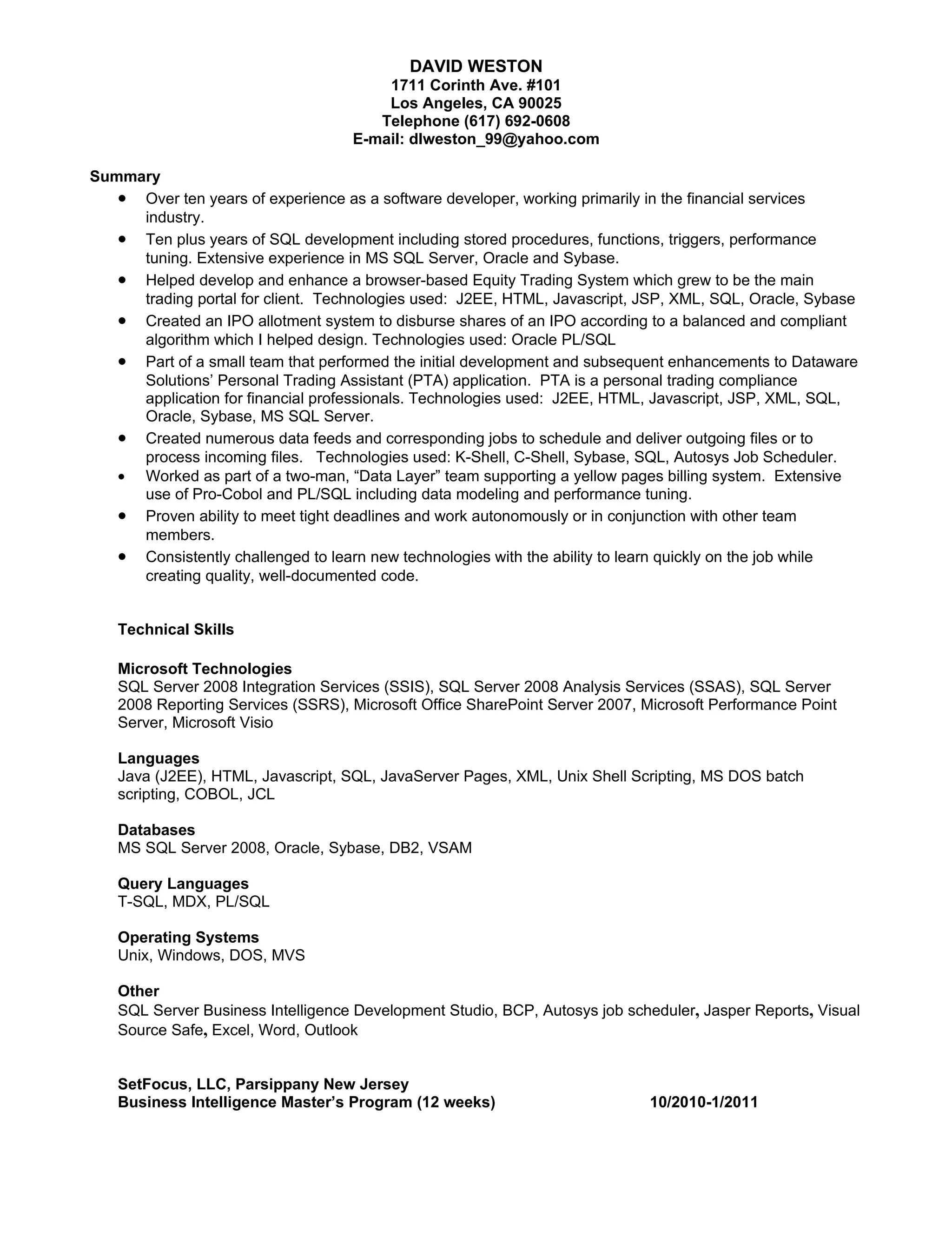 David Weston Resume | DOC | Databases | Computer Software and Applications