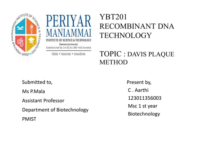 Davis plaque method.pptx recombinant DNA technology | PPTX | Infectious ...