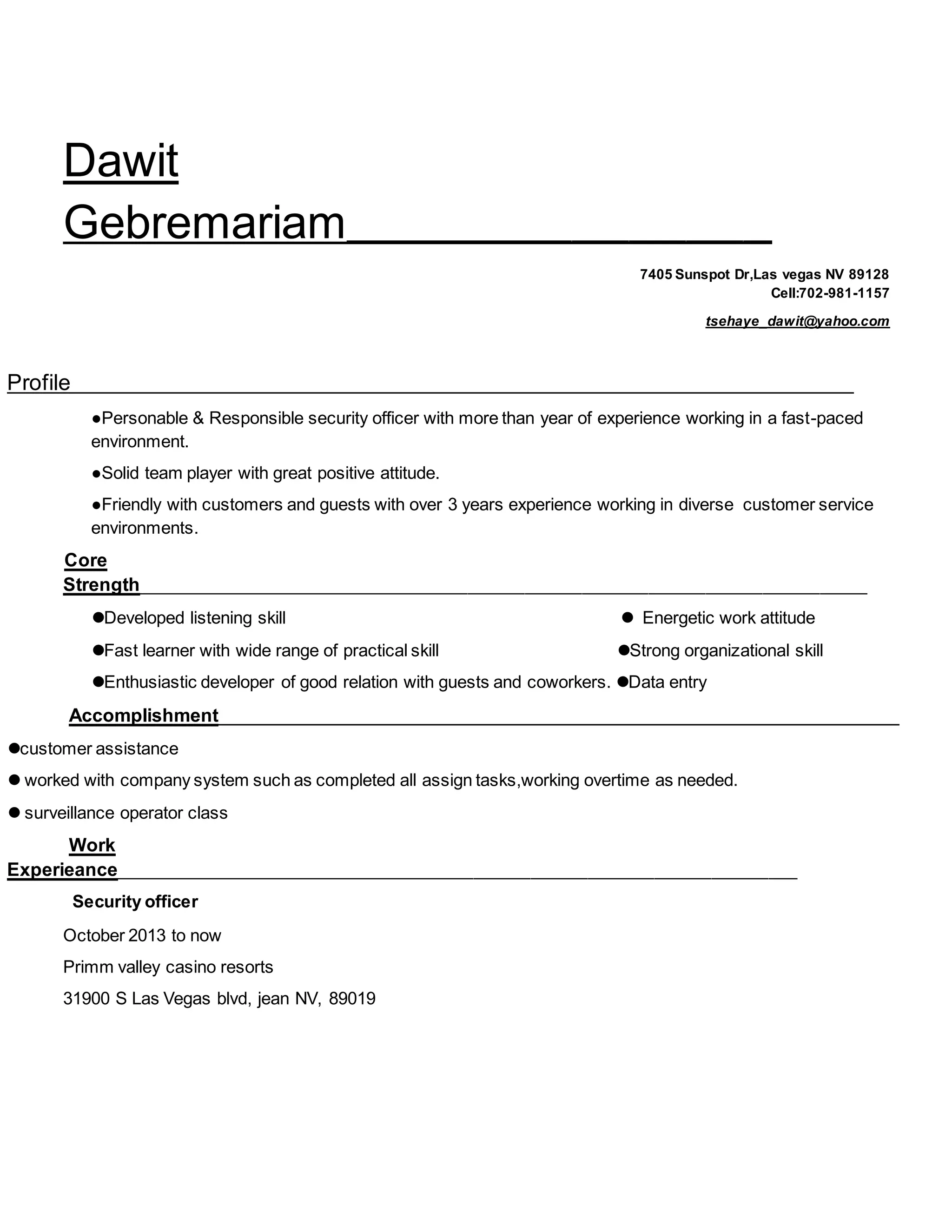 Dawit gebremariam resume | DOCX
