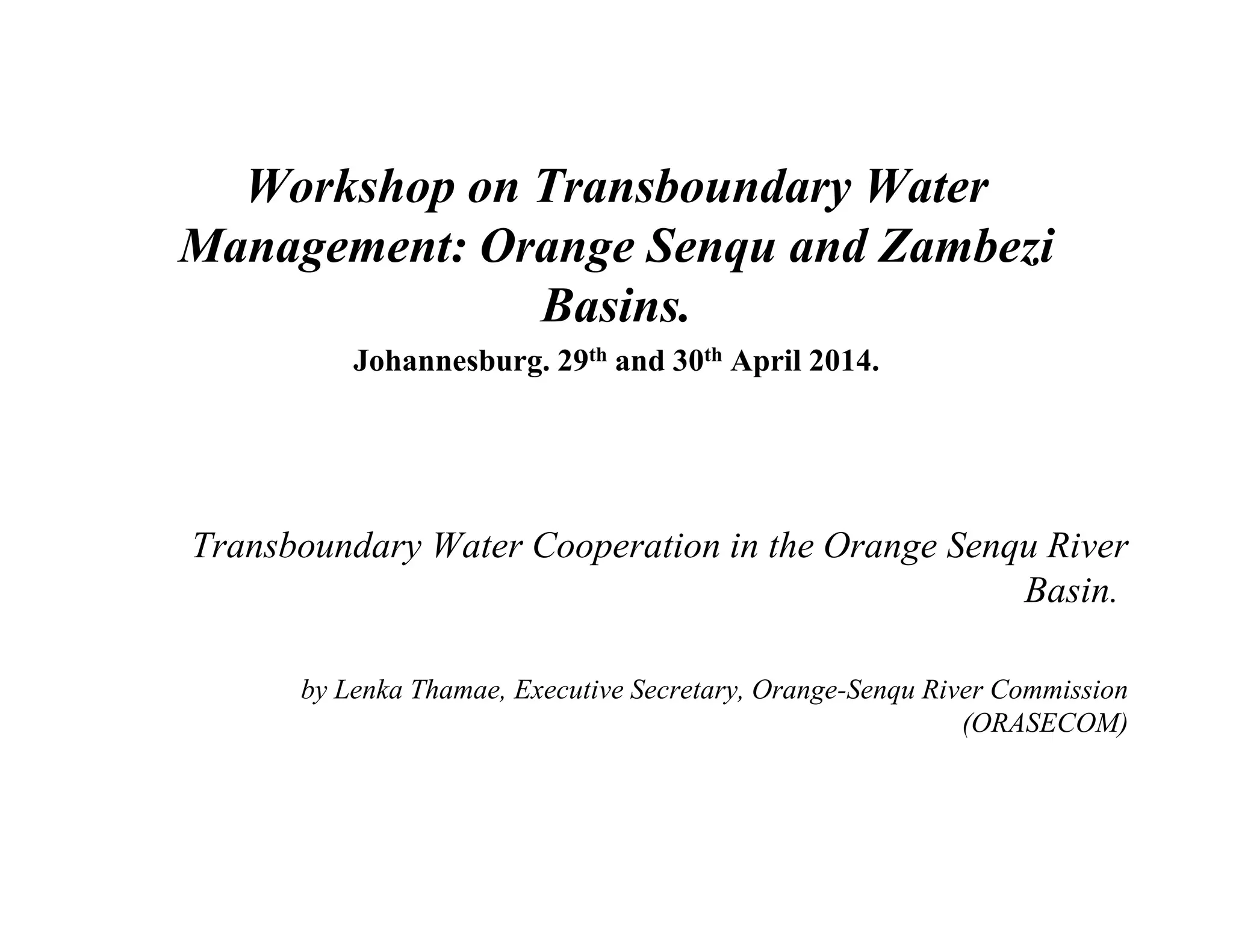 Transboundary Water Cooperation in the Orange Senqu River Basin | PDF