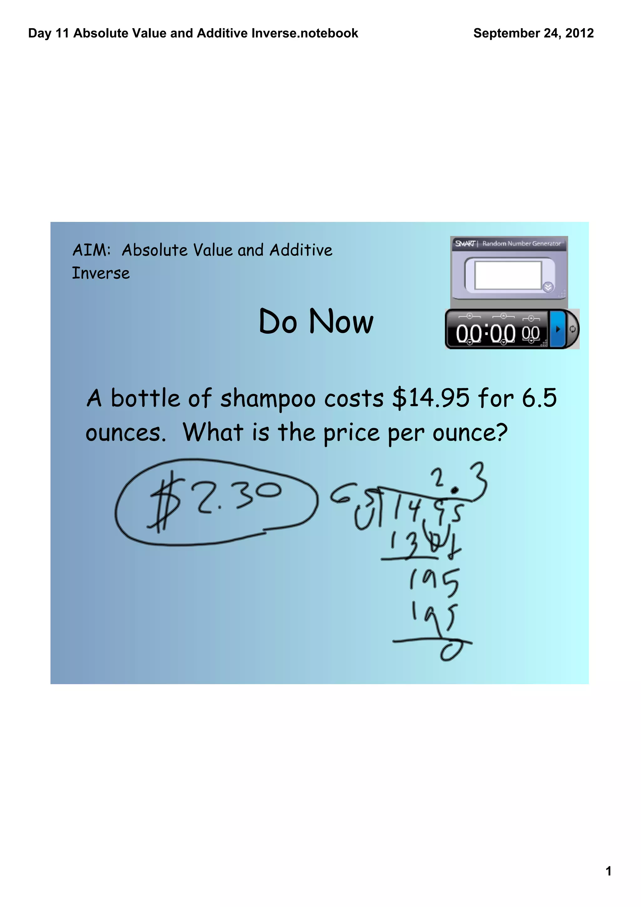 Day 11 absolute value and additive inverse | PDF