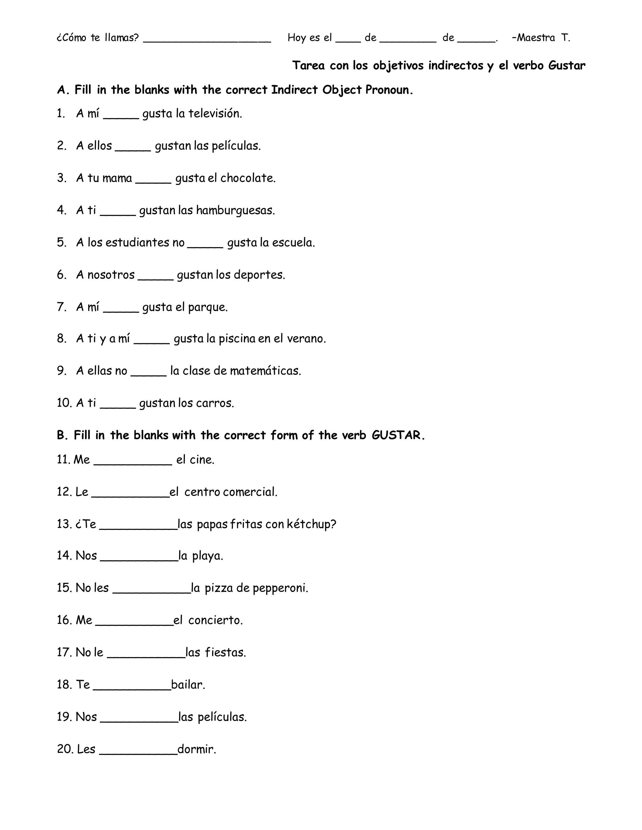 Practice IOP, Gustar, and both | DOCX