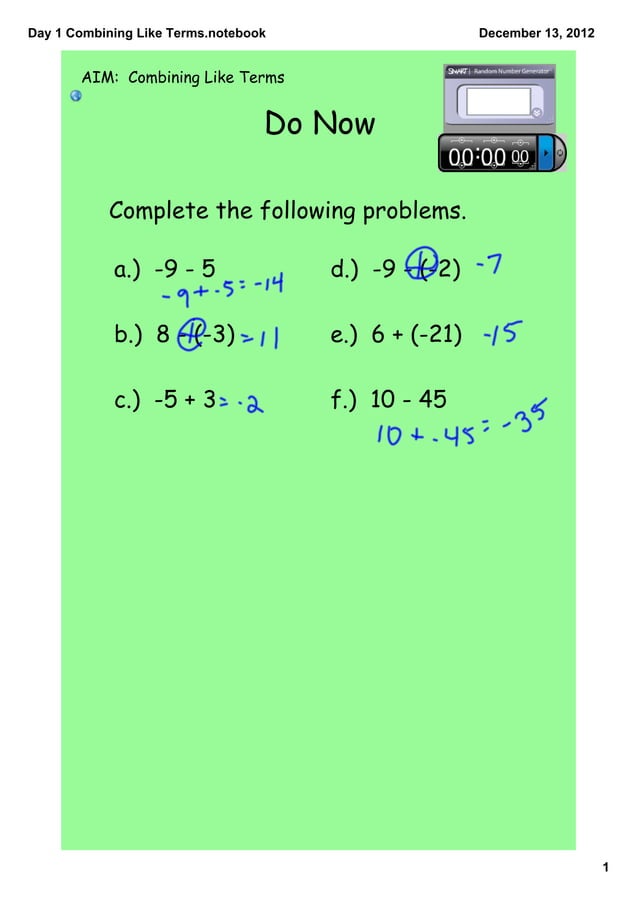 Day 1 combining like terms | PDF