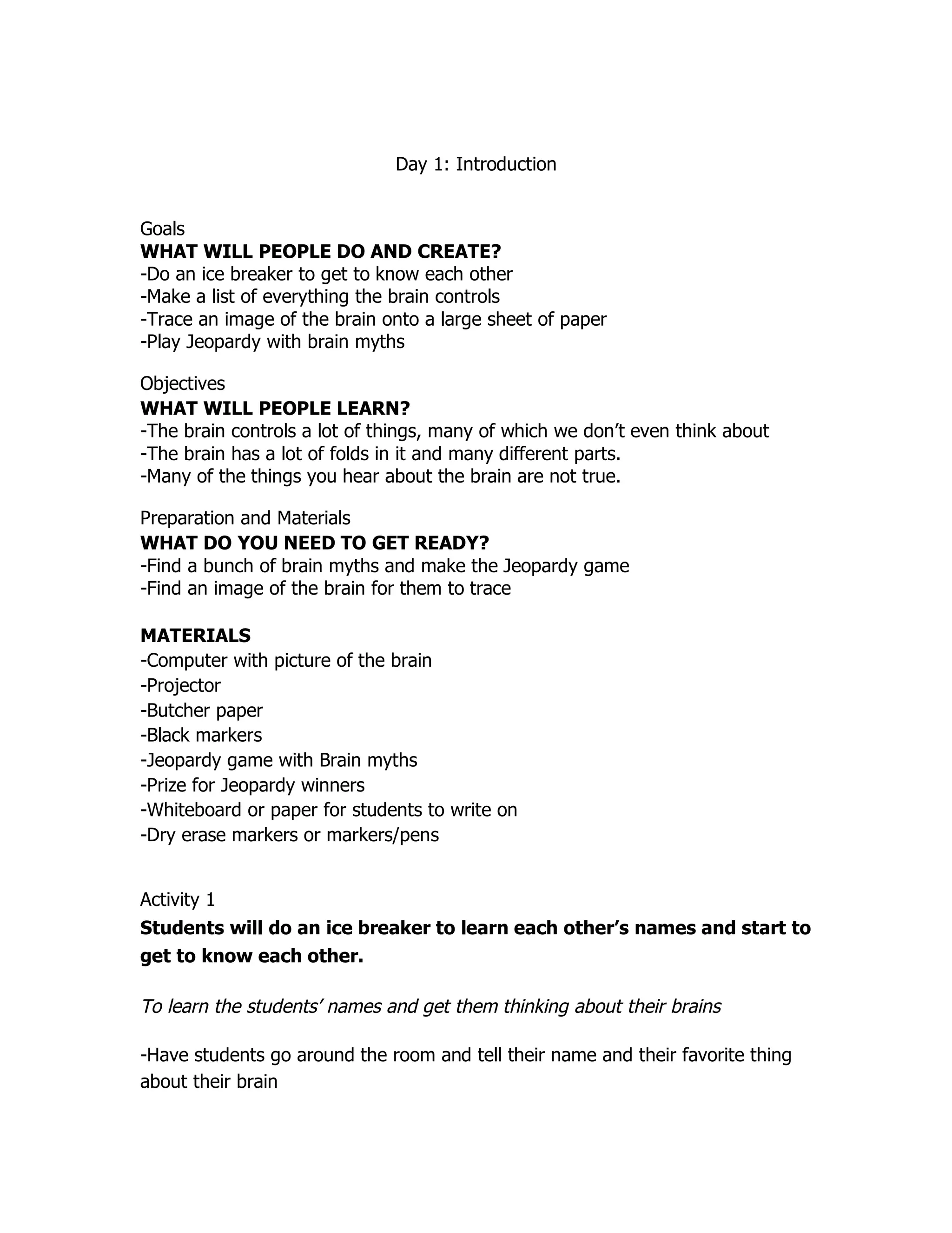 Day 1 lesson plan introduction | PDF | Brain and Nervous System ...