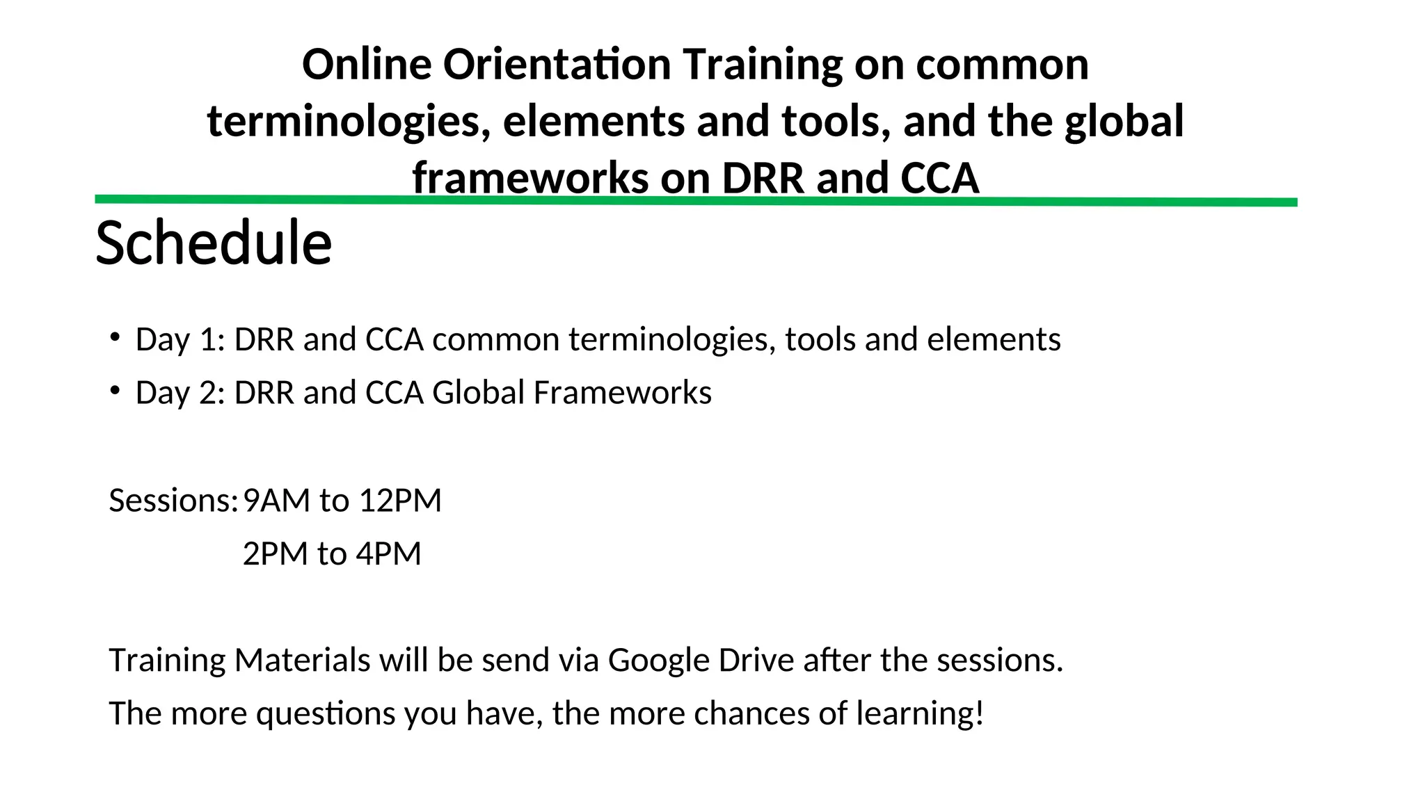 Day 1 Orientation Training on DRR_CCA terminologies, tools and elements ...