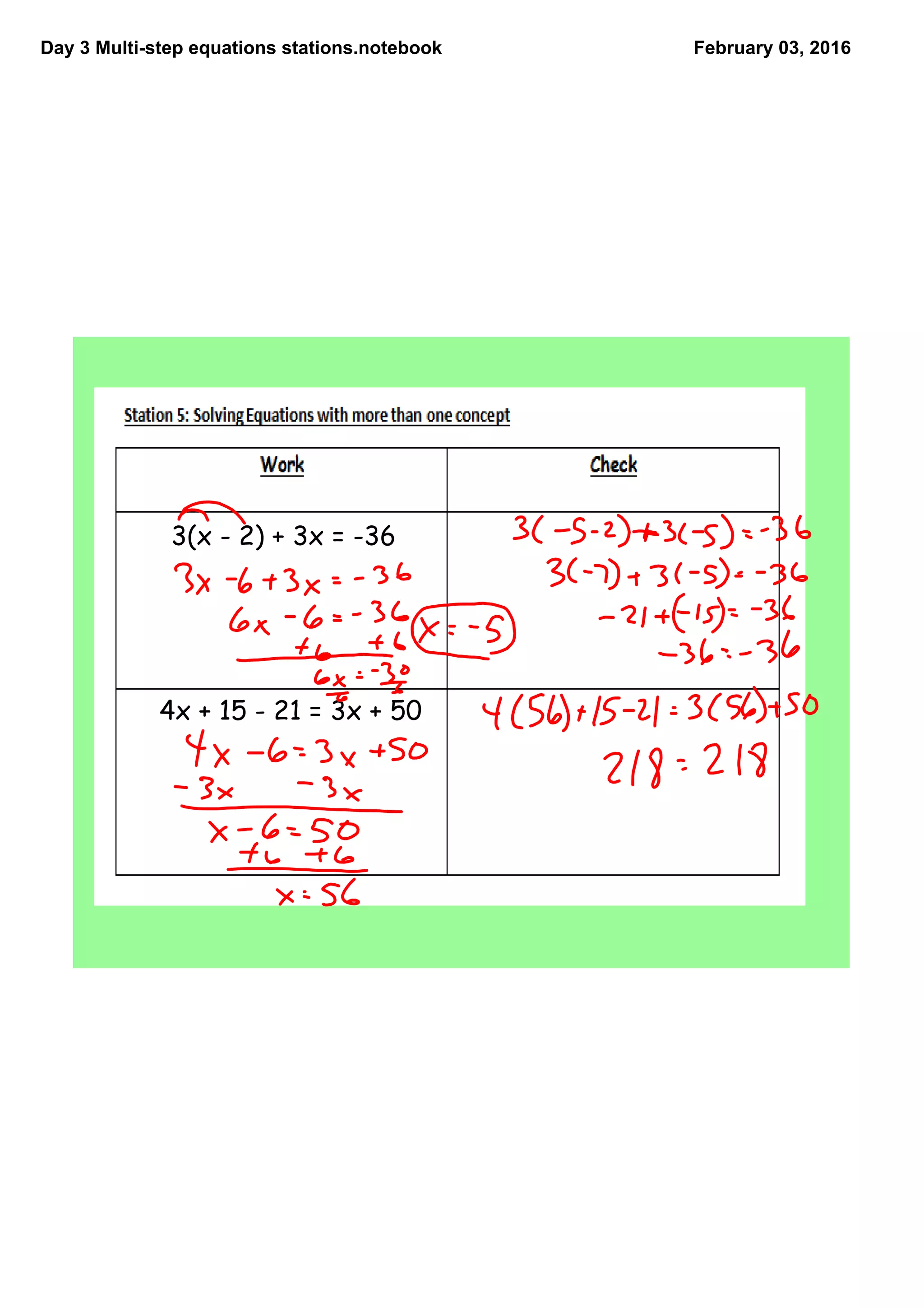 Day 3 multi step equations stations | PDF