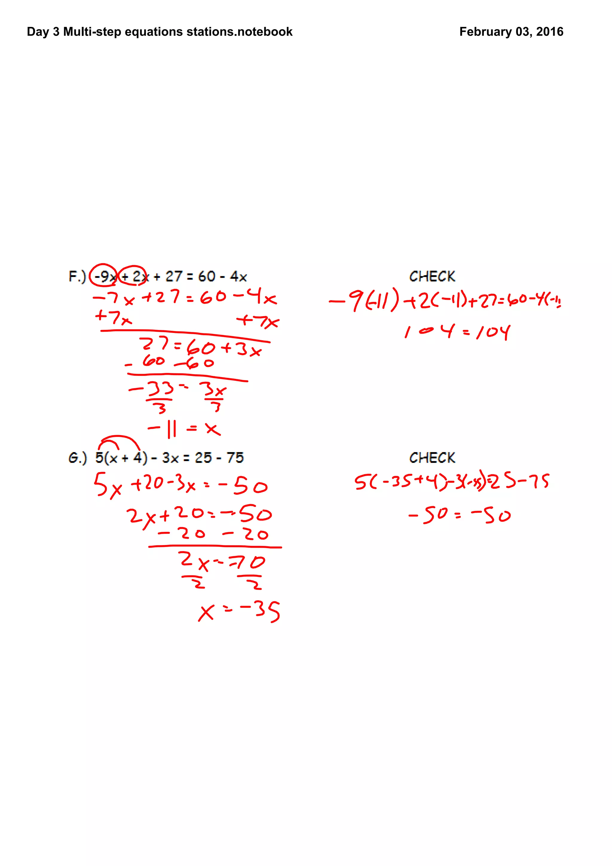 Day 3 multi step equations stations | PDF