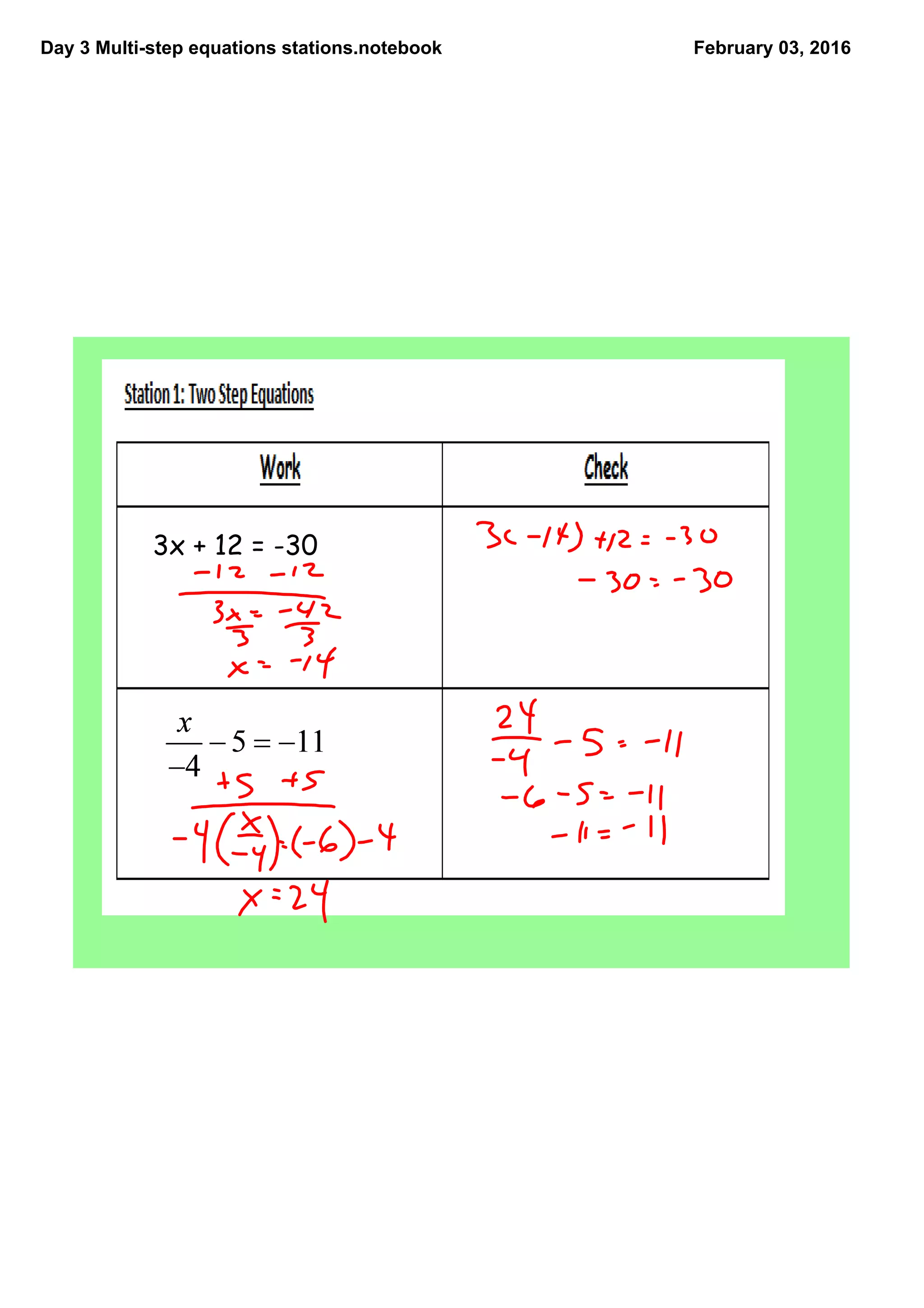 Day 3 multi step equations stations | PDF