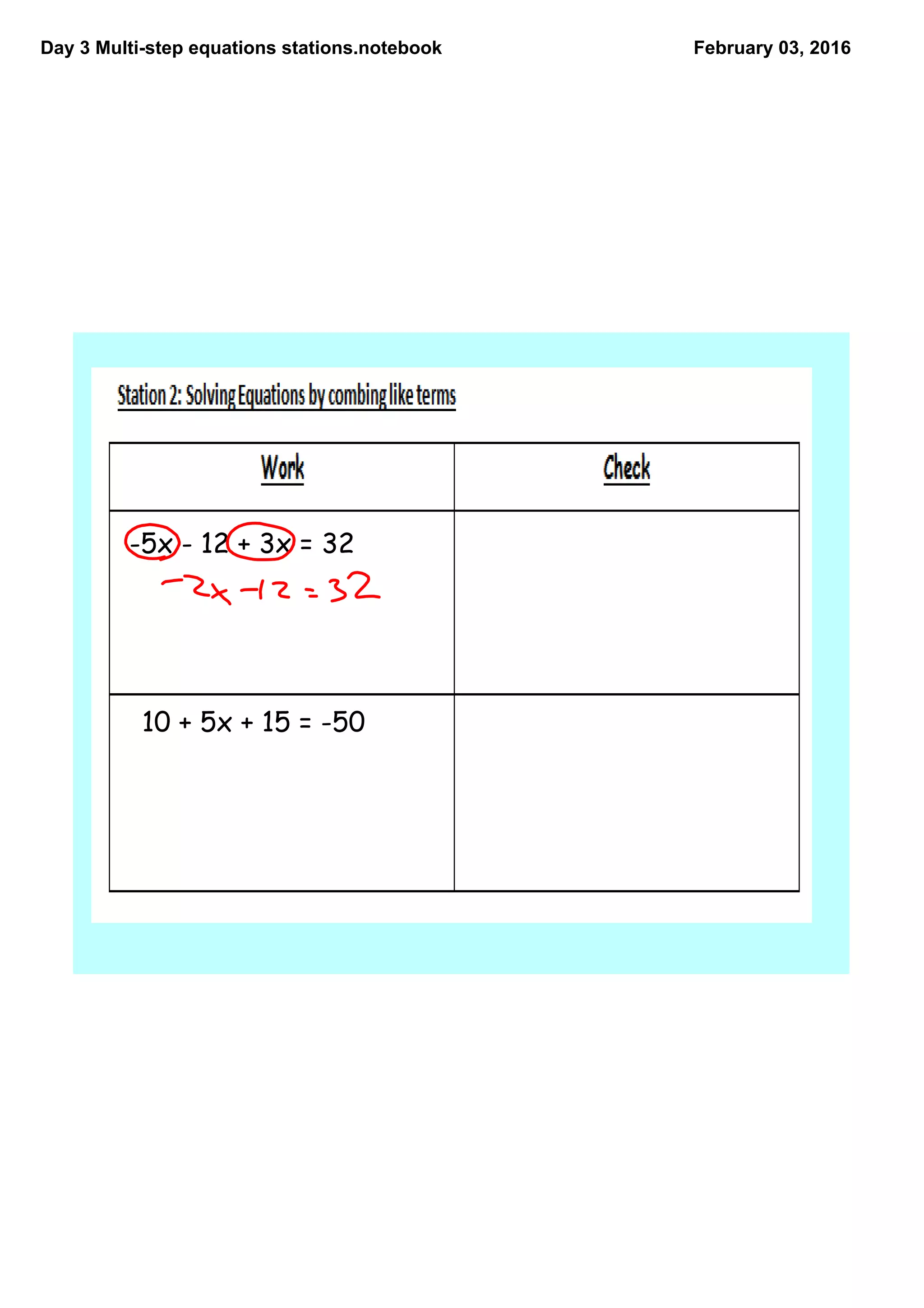 Day 3 multi step equations stations | PDF