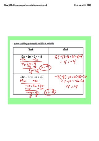 Day 3 multi step equations stations | PDF