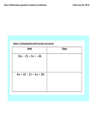 Day 3 multi step equations stations | PDF