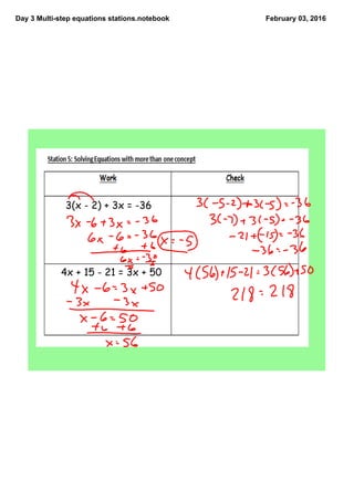 Day 3 multi step equations stations | PDF