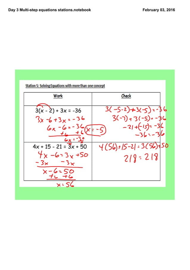 Day 3 multi step equations stations | PDF