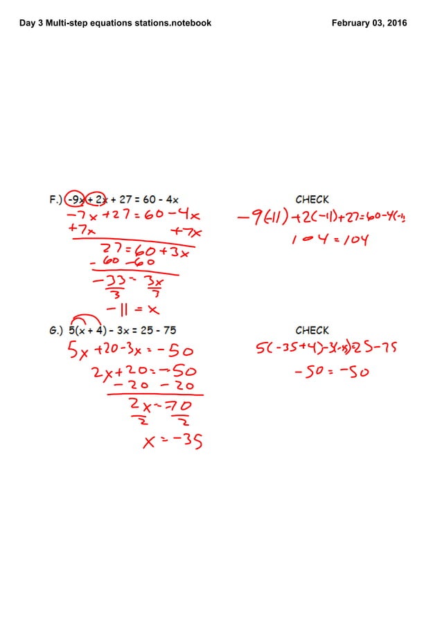 Day 3 multi step equations stations | PDF