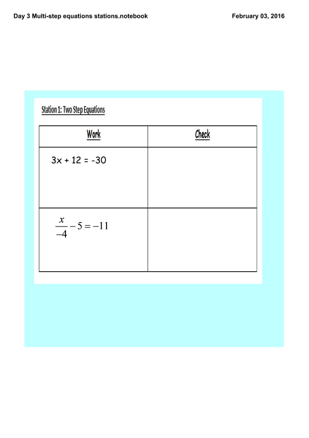 Day 3 multi step equations stations | PDF