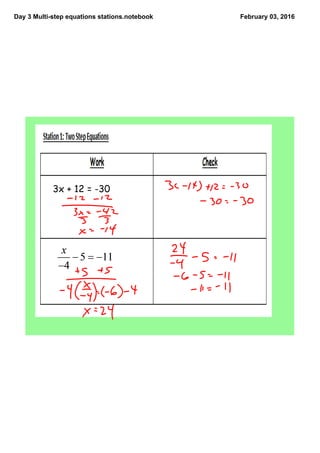 Day 3 multi step equations stations | PDF