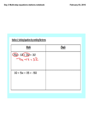 Day 3 multi step equations stations | PDF
