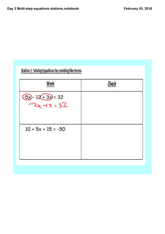 Day 3 multi step equations stations | PDF