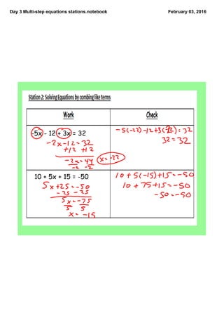 Day 3 multi step equations stations | PDF