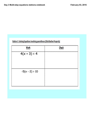 Day 3 multi step equations stations | PDF