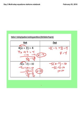 Day 3 multi step equations stations | PDF