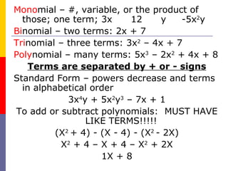 Adding and subtracting polynomials | PPT