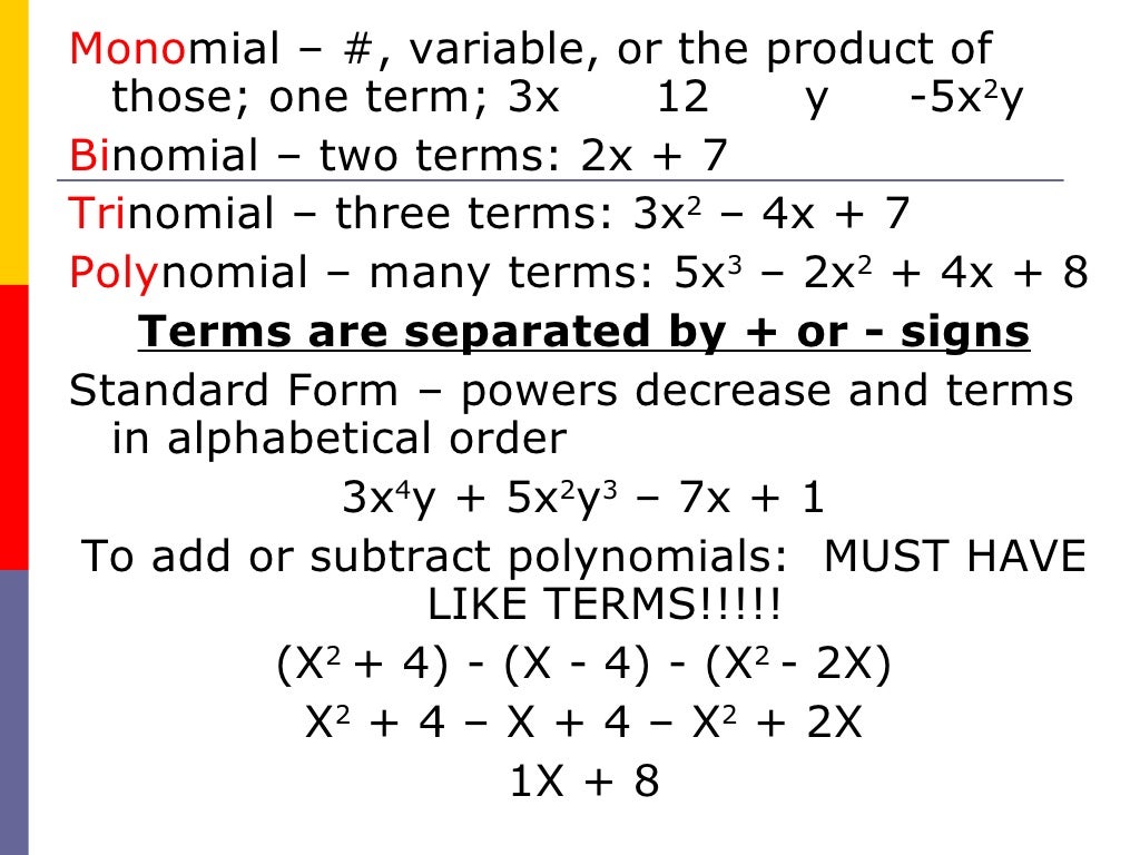 Adding and subtracting polynomials
