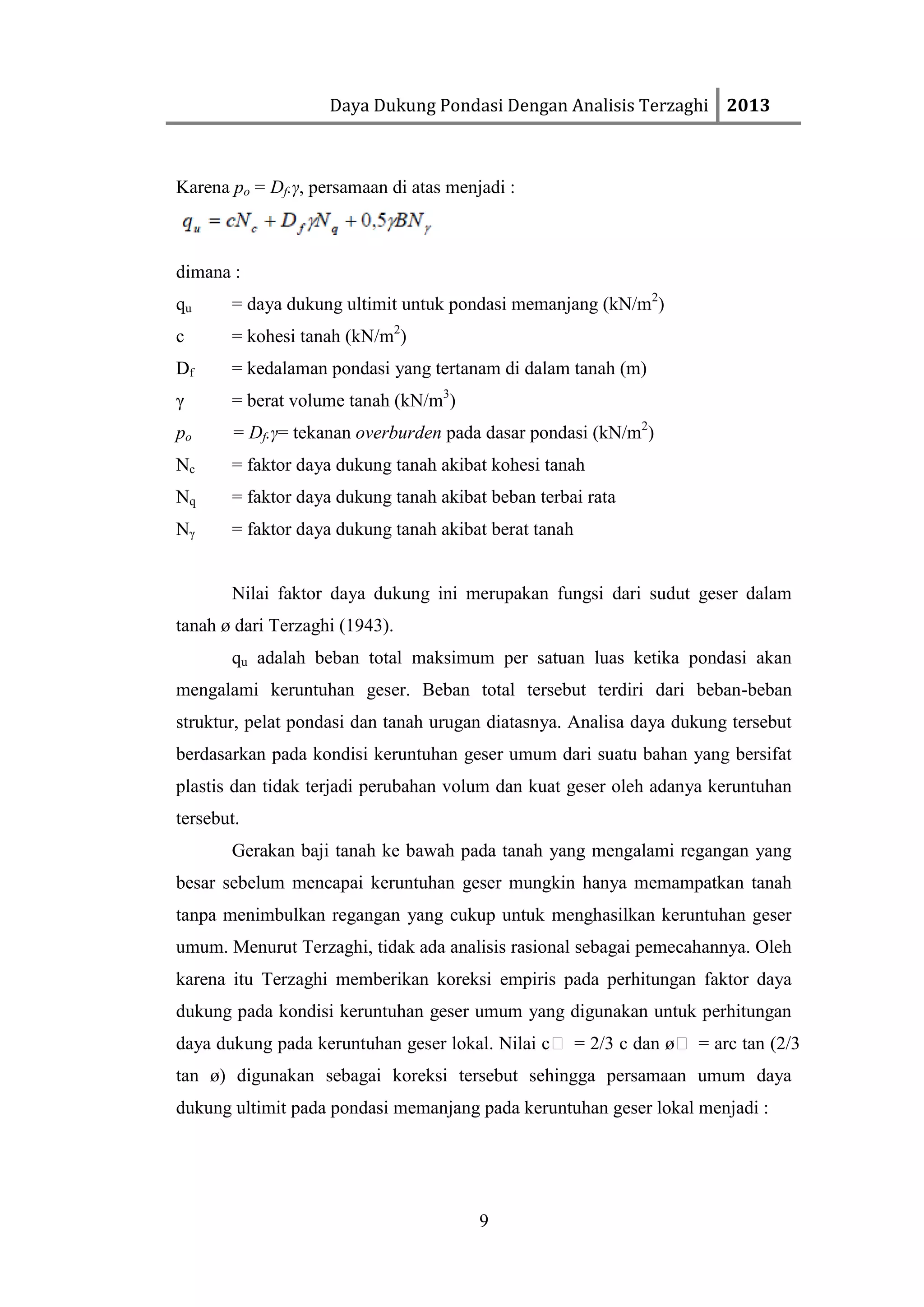 Daya dukung pondasi dengan analisis terzaghi | DOCX