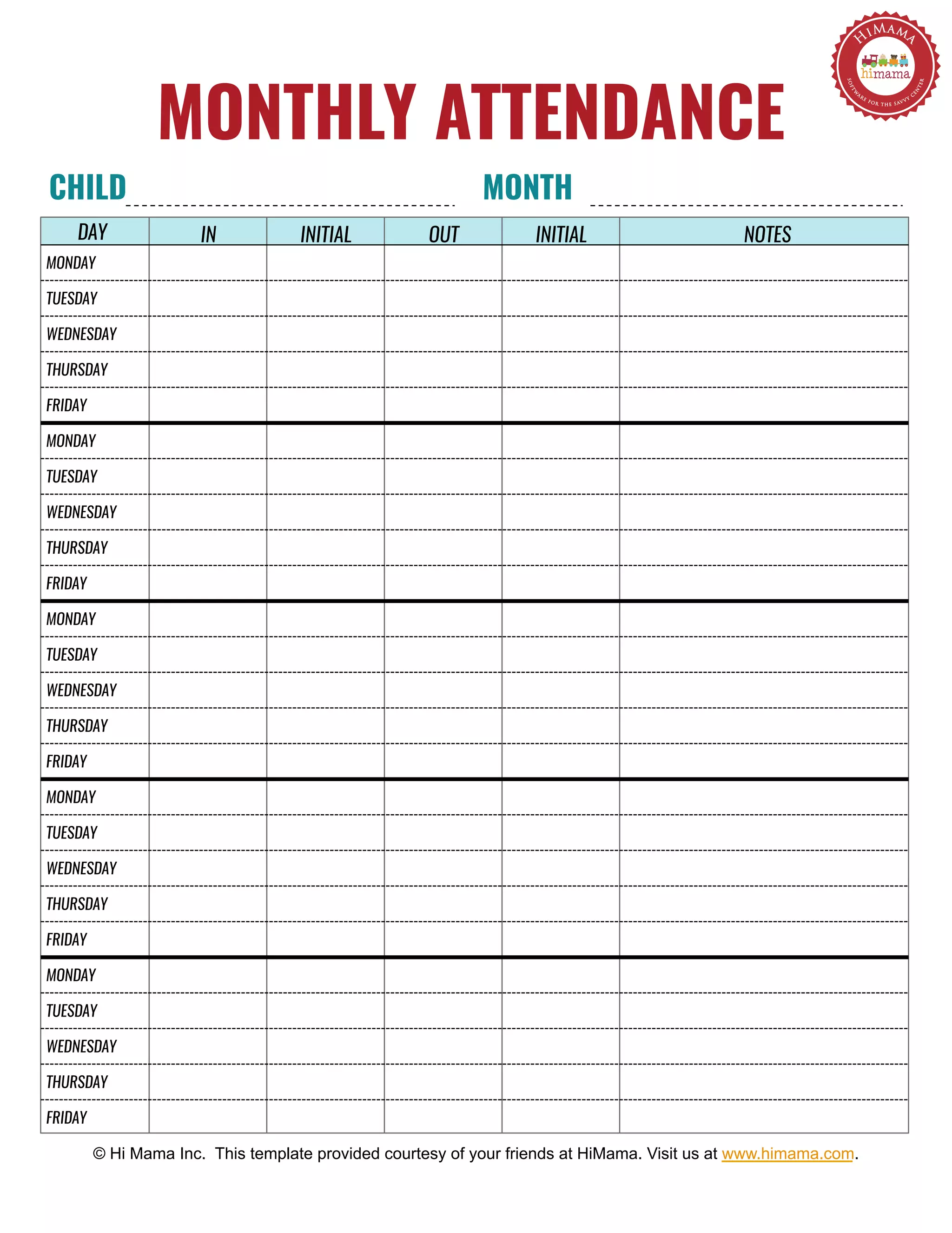 Daycare Sign in Sheet Template - Monthly | PDF