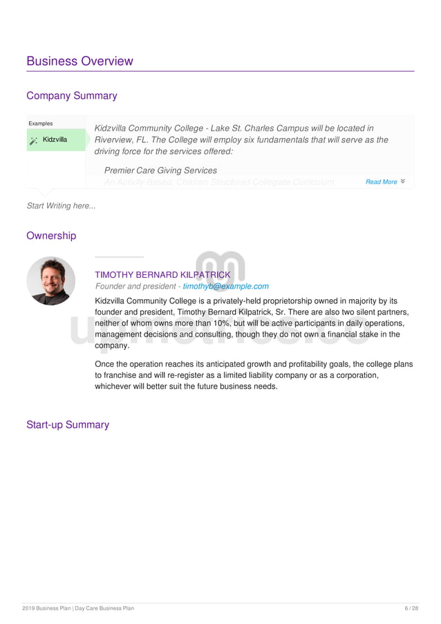 Day care business plan example | PDF | Daycare and Pre-School | Parenting