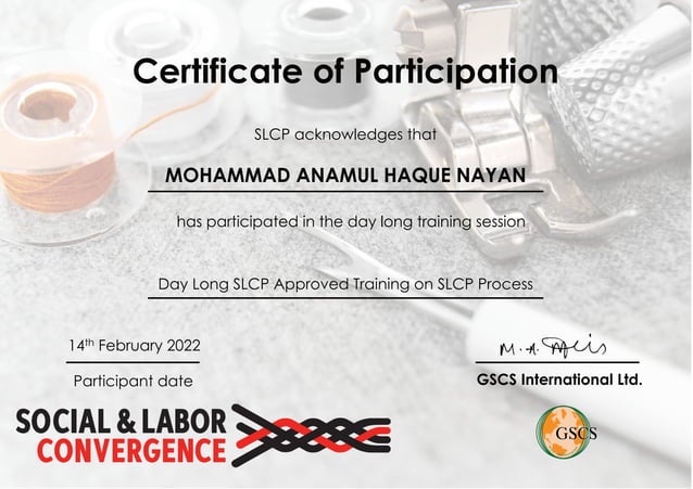 Day Long SLCP Approved Training Certificate based on SLCP Process. | PDF