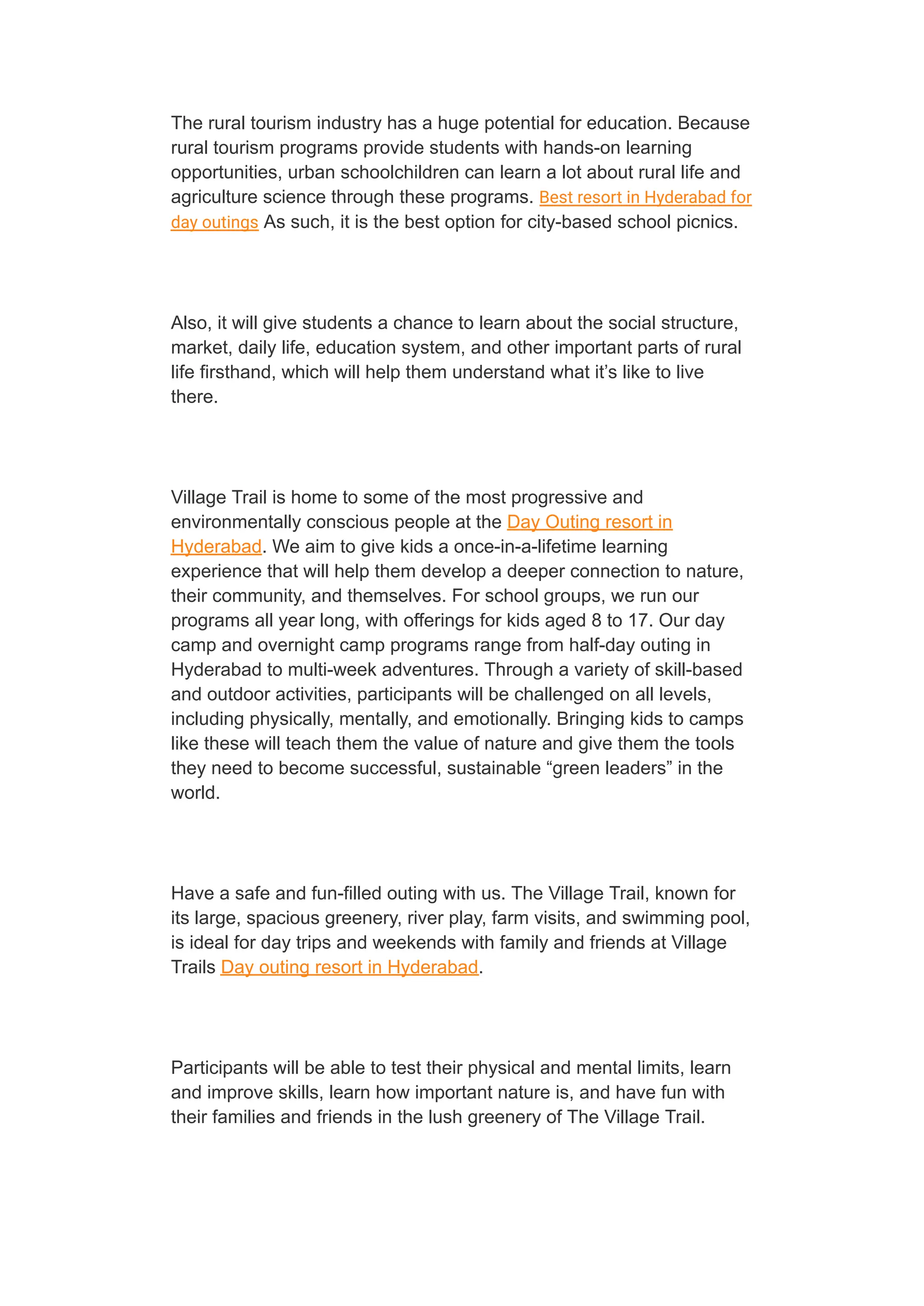 Day Outing Resort in Hyderabad | Village Trails | PDF