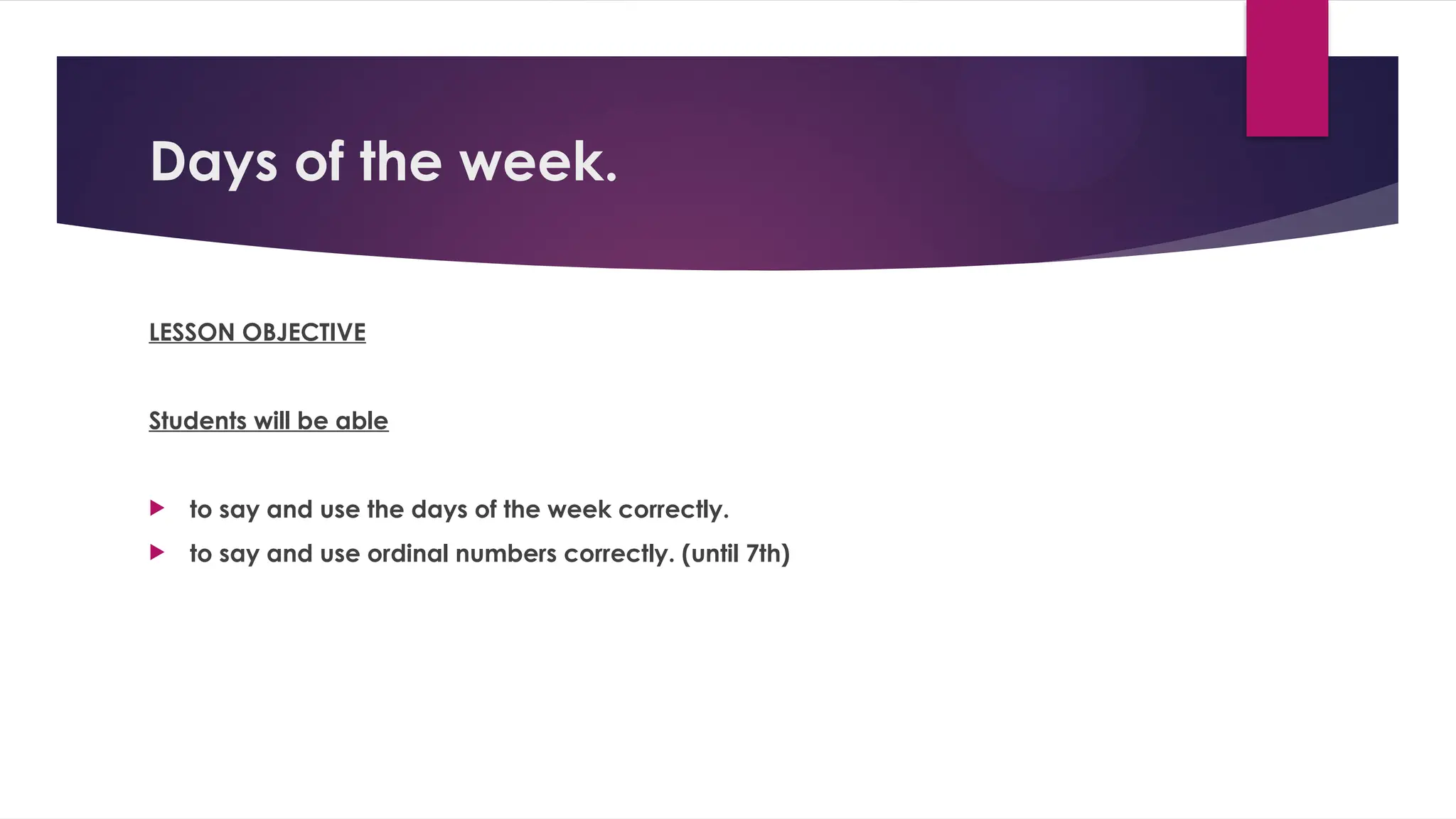 days of the week and ordinal numbers until 7 | PPTX