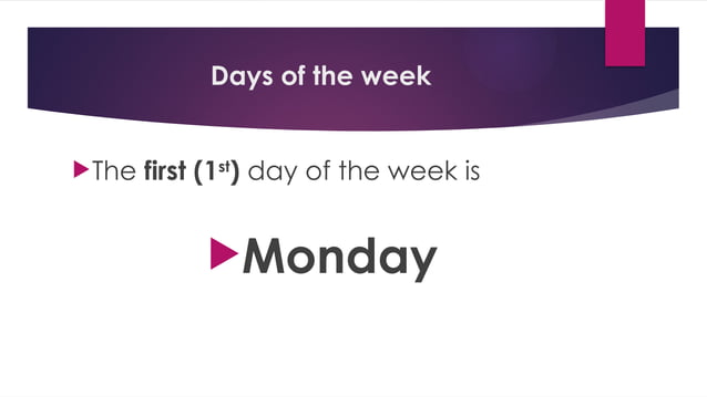 days of the week and ordinal numbers until 7 | PPTX
