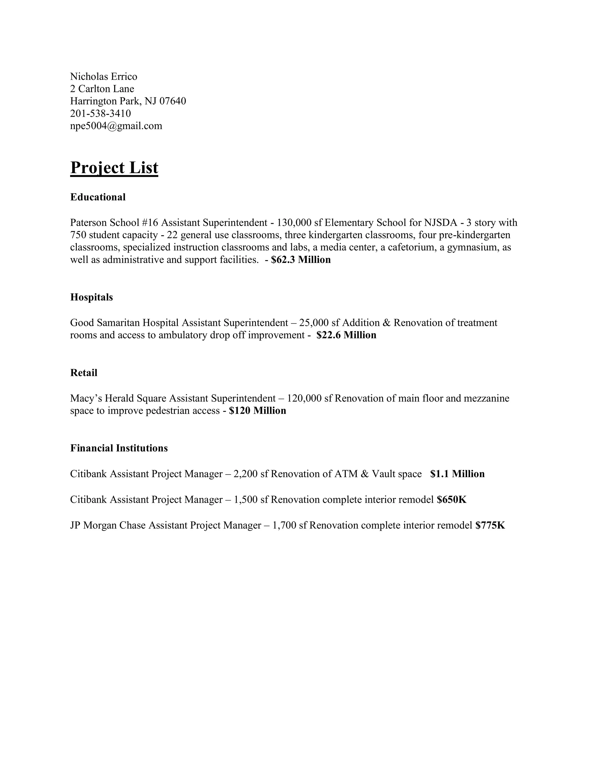 Nicholas Errico - Project List | PDF