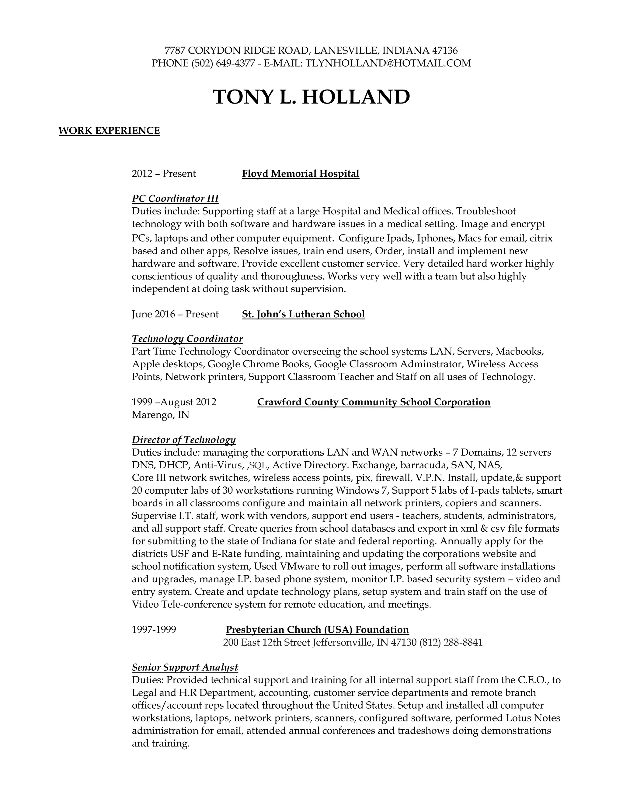 TONY HOLLAND detailed RESUME DOC | PDF