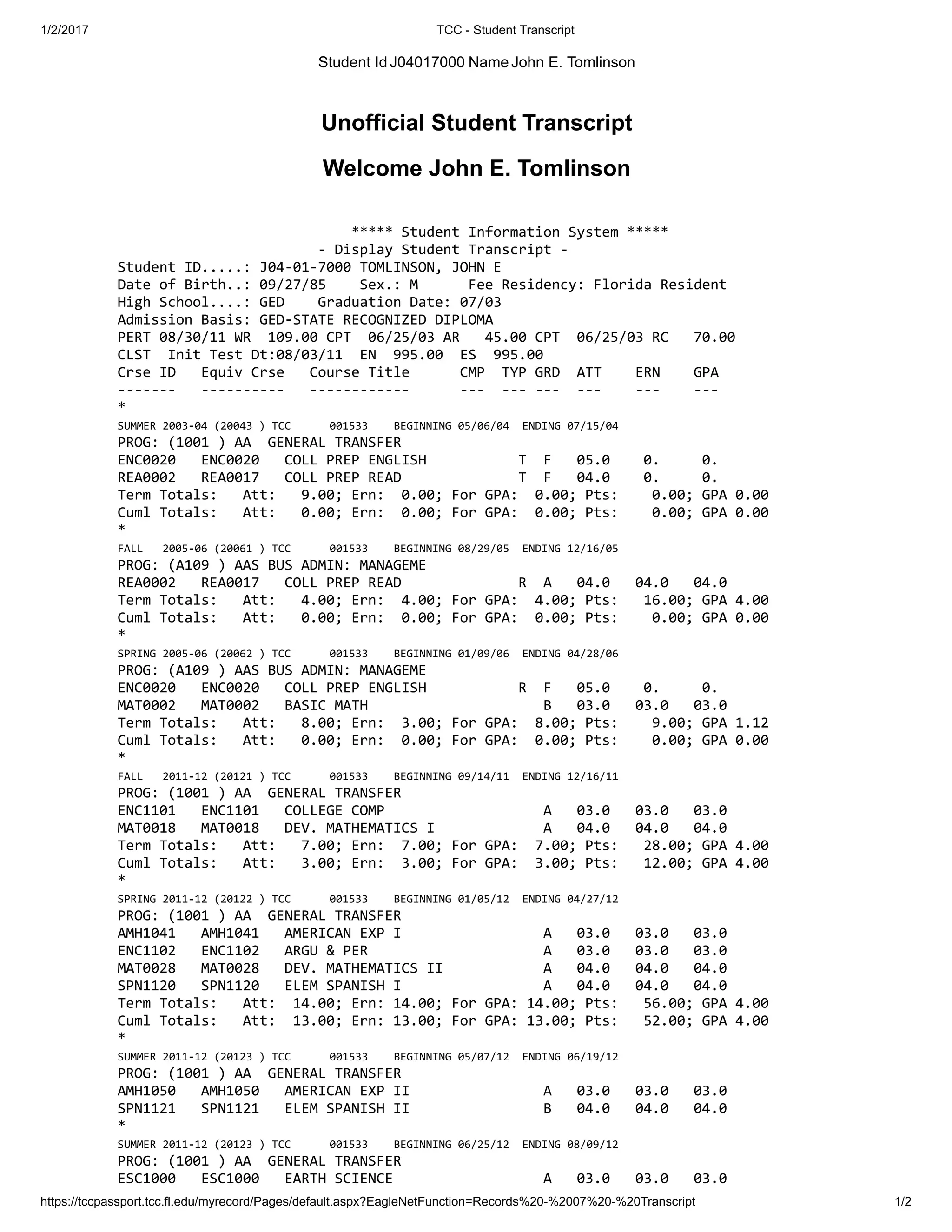 TCC_UnofficialTranscript_John | PDF