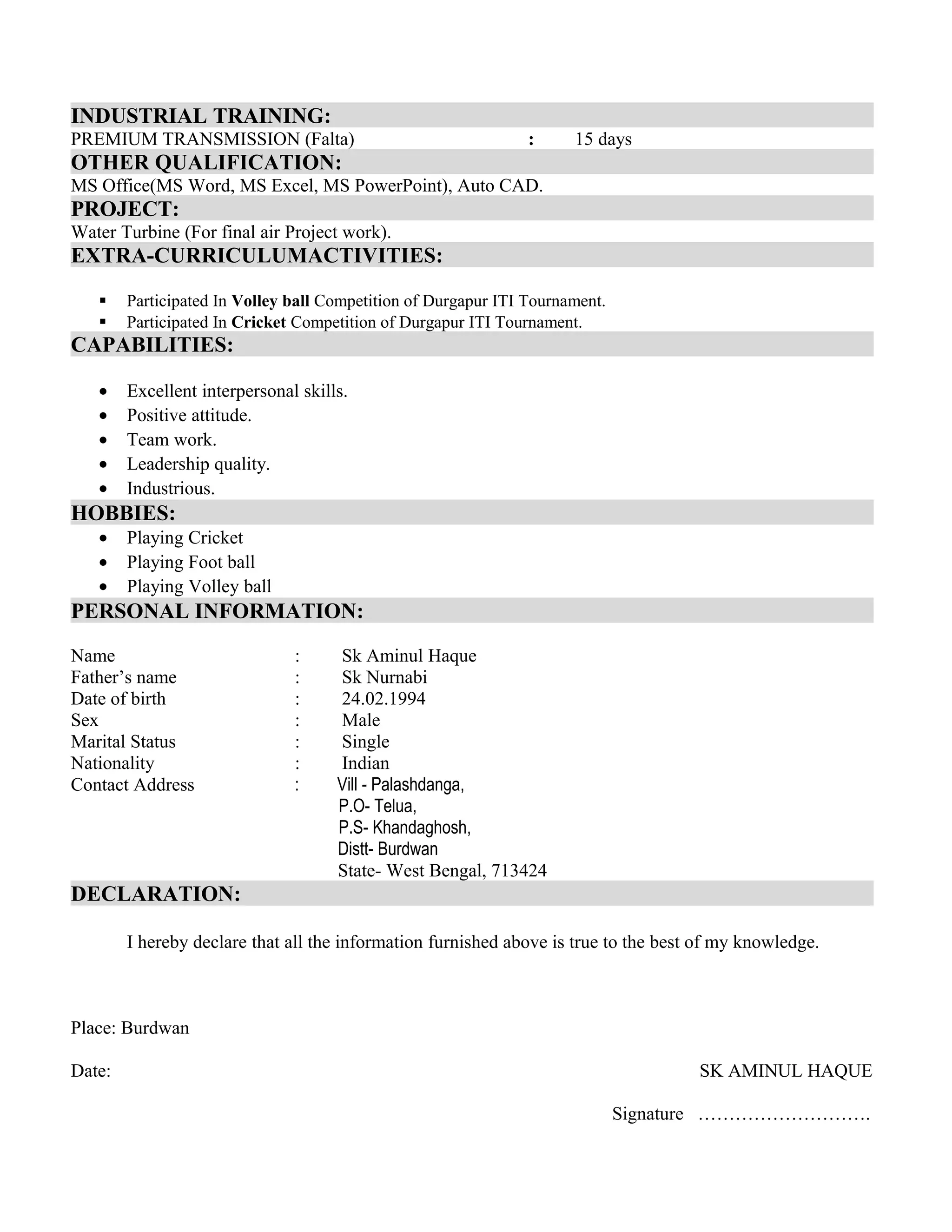 SK AMINUL HAQUE 22 Mobile No | DOC