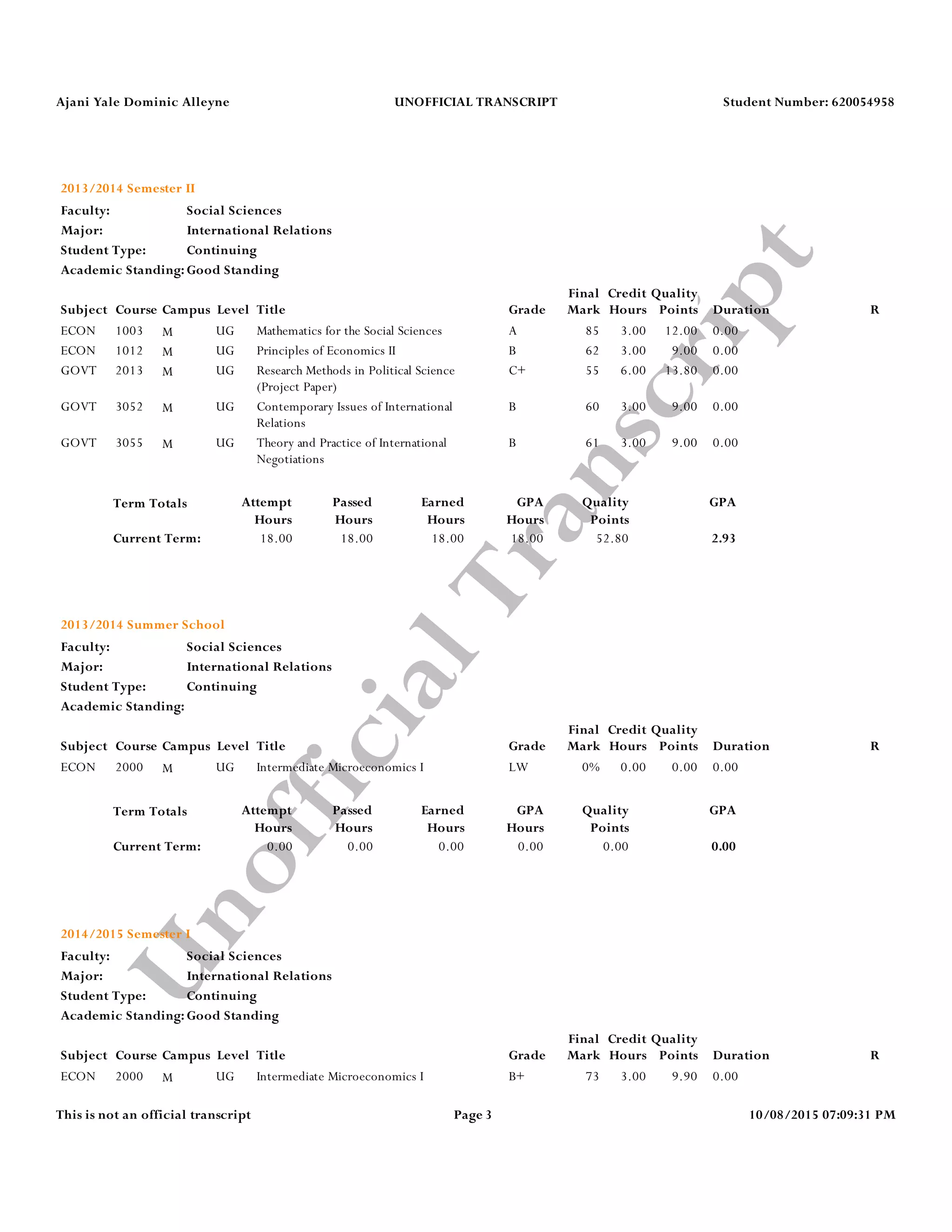 unoffical Transcrip. | PDF