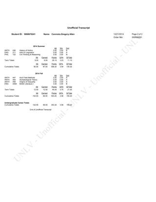UNLV Transcript F2014 | PDF | Undergraduate Education | College Education