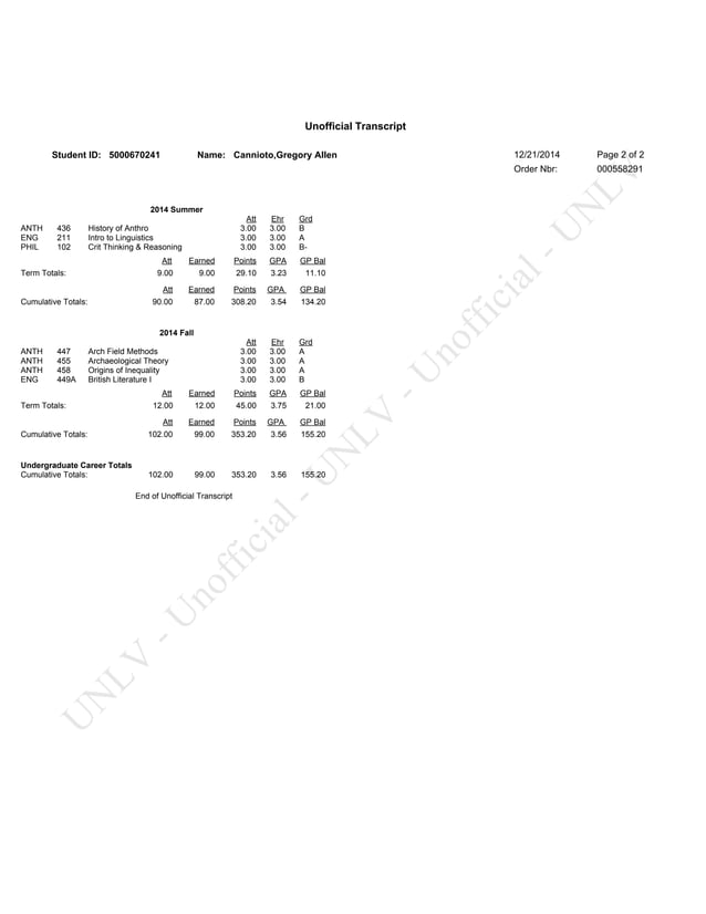 UNLV Transcript F2014 | PDF | Undergraduate Education | College Education