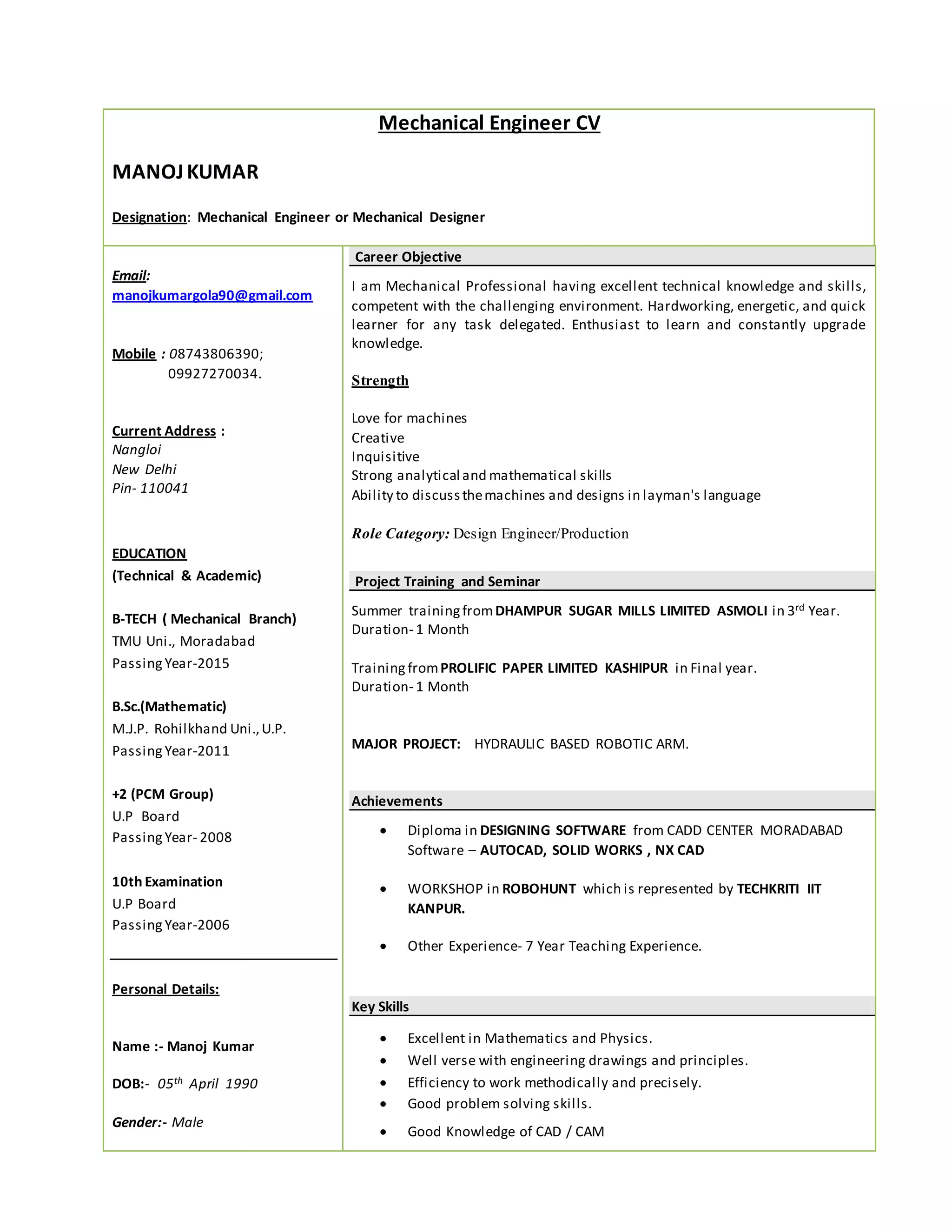 Manoj-MECHANICA-ENGINEE-CV | DOCX