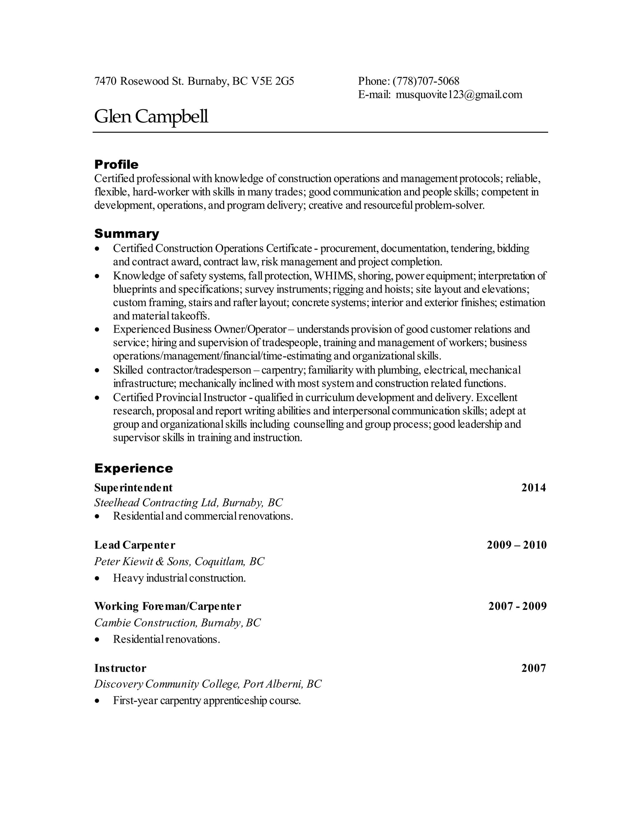 Glen Campbell - Resume Dec 2014 | PDF